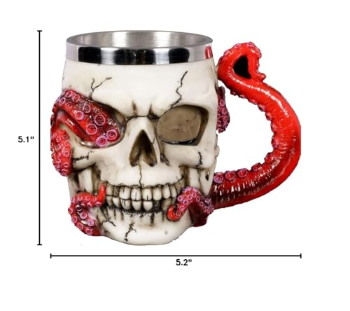 Skull Mug Parasite Octopus Beer Coffee Mugs with Tentacle Handle, Stainless Steel and Resin Tankard Skeleton Cranium Skull Beverage Drinking Cup for Ossuary Macabre Halloween Decorative Accent - 13oz