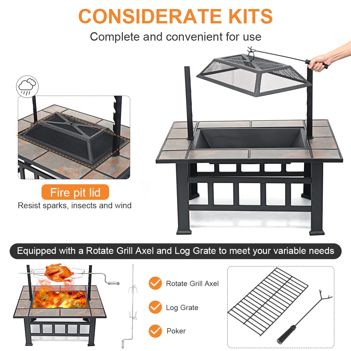 SINGLYFIRE 37 Inch Fire Pit Table with Grill for Outside Large Square Wood Burning firepit Heavy Duty Steel Bonfire Pit Cooking with Spark Screen Log Grate Poker for Backyard Garden Camping
