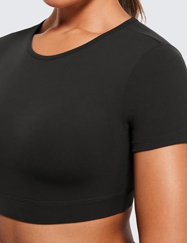 CRZ YOGA Womens Butterluxe Double Lined Open Back Crop Tops Backless Short Sleeve Workout Shirts Casual Tight T-Shirts Black Medium