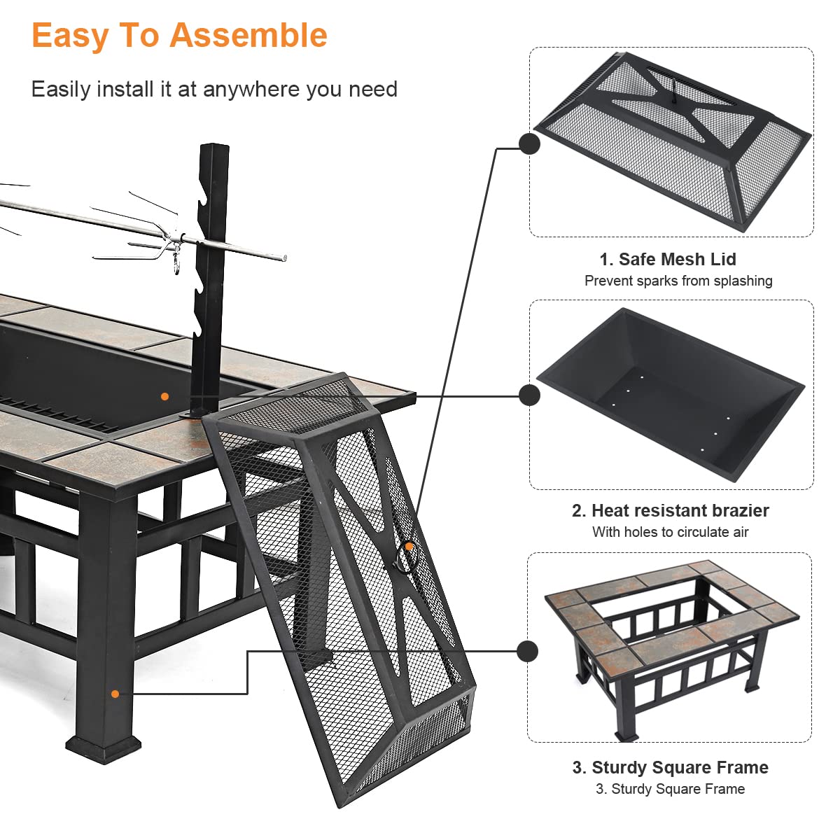 SINGLYFIRE 37 Inch Fire Pit Table with Grill for Outside Large Square Wood Burning firepit Heavy Duty Steel Bonfire Pit Cooking with Spark Screen Log Grate Poker for Backyard Garden Camping