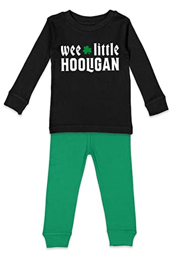 Wee Little Hooligan - Shamrock 4 Leaf Clover Infant/Toddler Shirt & Pants Set (Black Top/Kelly Bottoms, Youth 12)