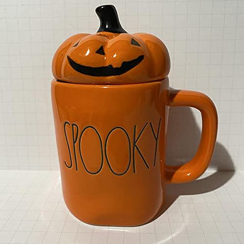 Rae Dunn SPOOKY Mug with PUMPKIN Topper - Halloween Coffee cup - ORANGE - Ceramic - 16 oz