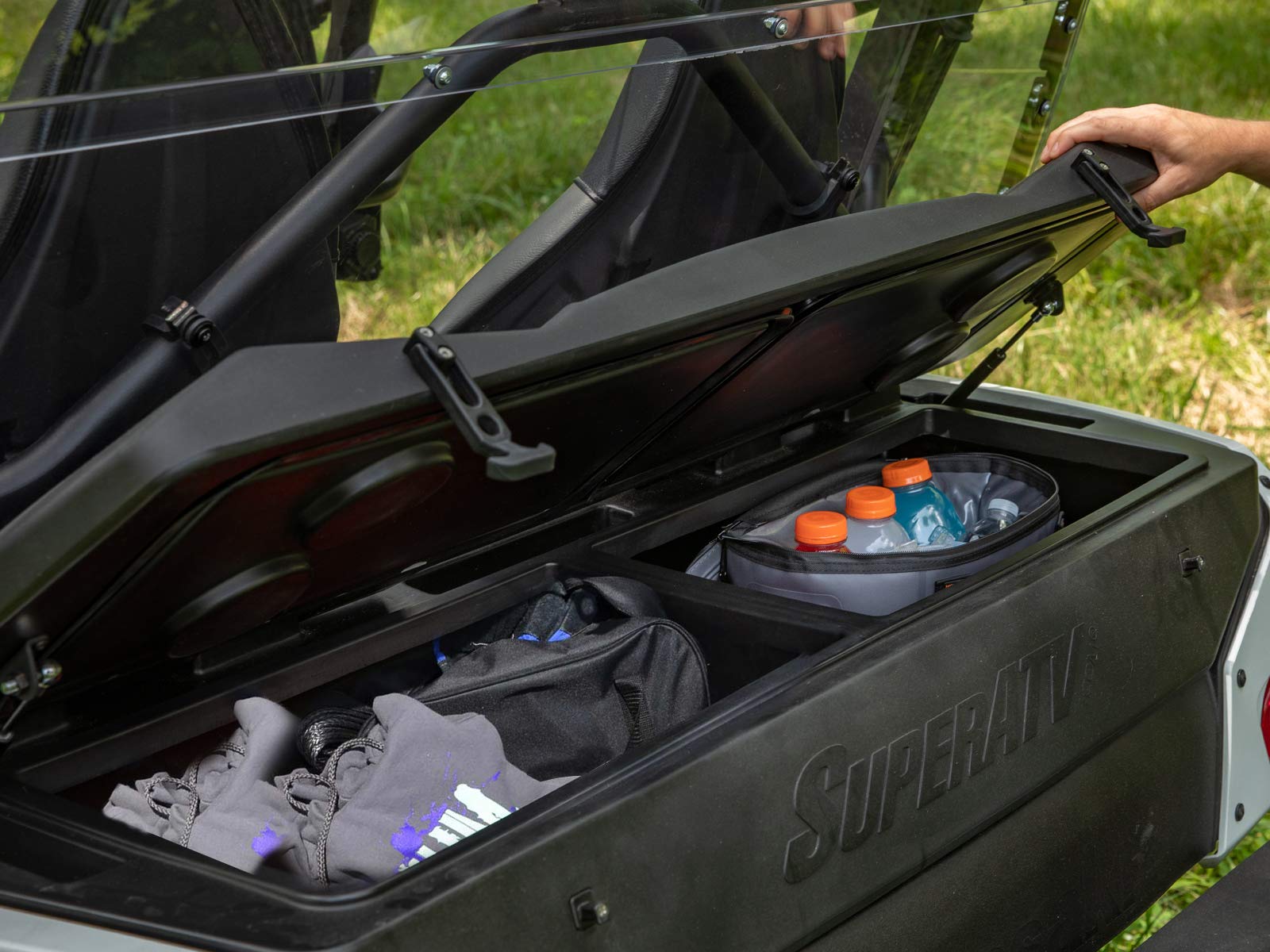 SuperATV UTV Rear Cargo Box for 2012+ Kawasaki Teryx 4 - Heavy Duty Rear UTV Box with Rubber Seal and High Strength Latches | Built-in Cup Holders | Easy Installation | 67 Quart Storage Capacity