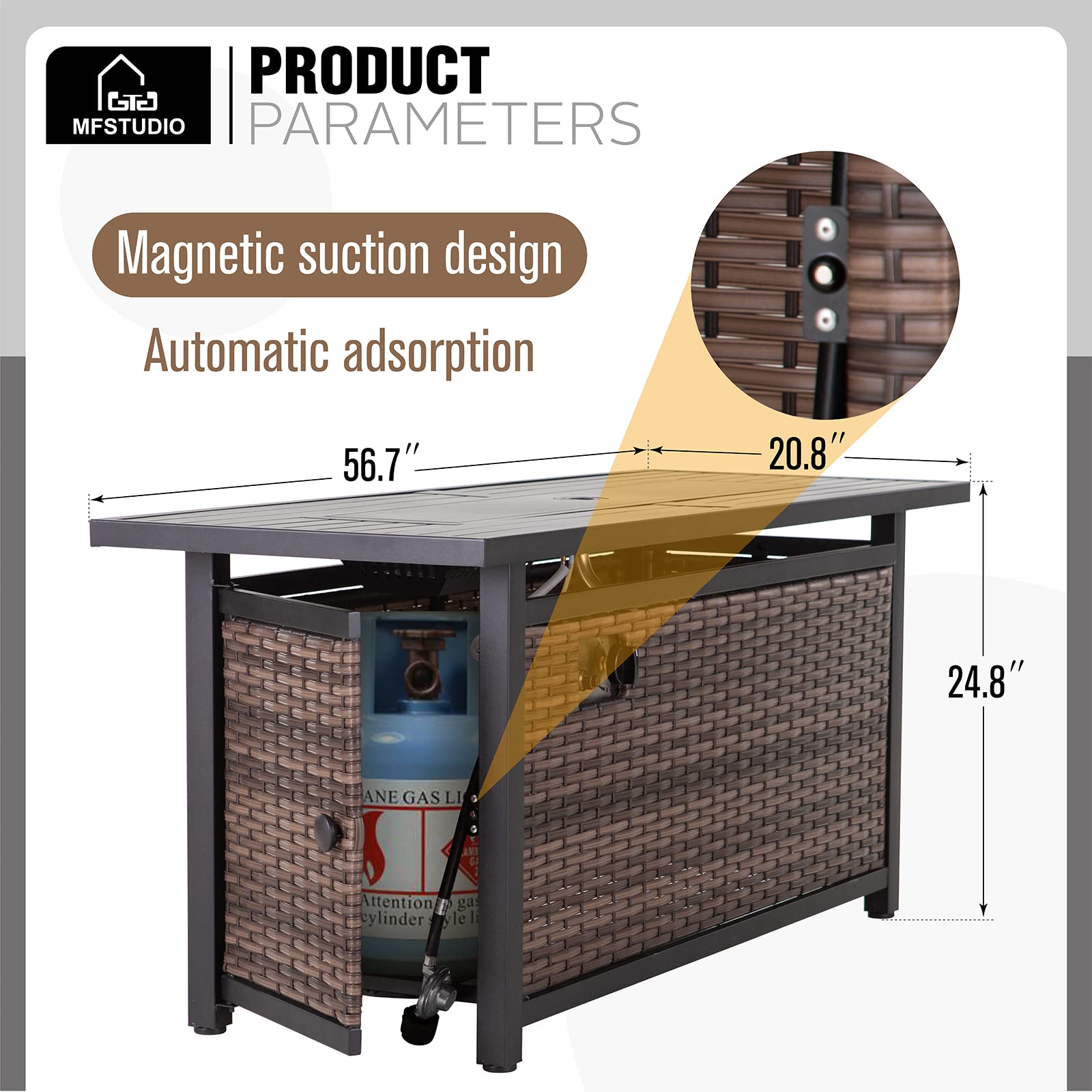 MFSTUDIO 56 Inch PE Rattan Gas Fire Pit Table,50000 BTU Rectangular Outdoor Propane Fire Pit Table with Waterproof Cover and Blue Stone for Patio Courtyard Balcony,Brown