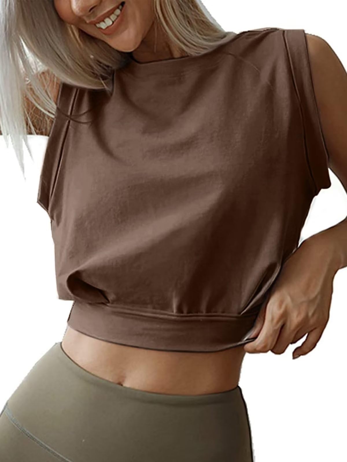 Crop Tops for Teen Girls Athletic Shirts for Women Cute Sleeveless Yoga Tops Running Gym Workout Shirts Brown Tank Tops for Women Cropped Cotton Tops for Teens Brown L