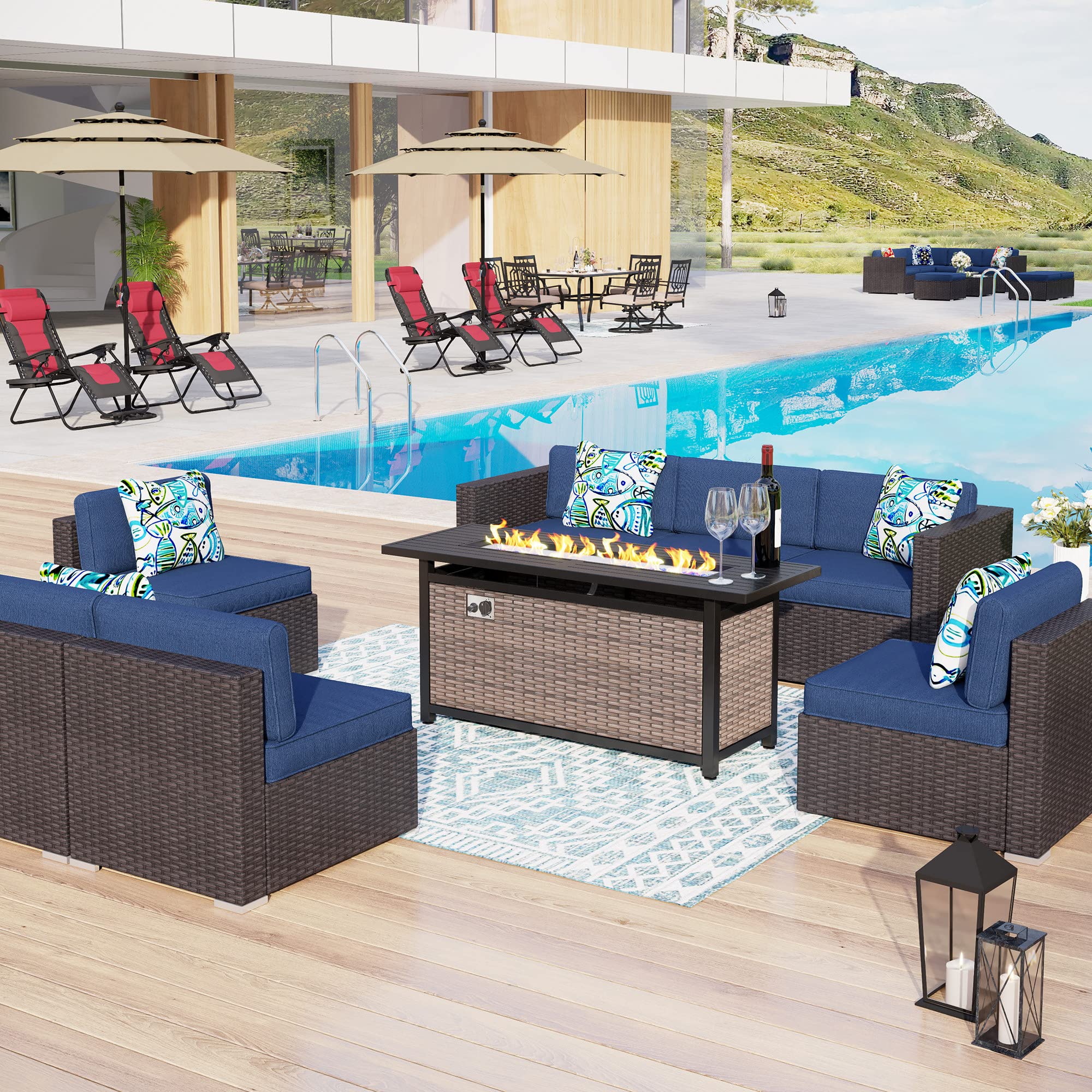 MFSTUDIO 56 Inch PE Rattan Gas Fire Pit Table,50000 BTU Rectangular Outdoor Propane Fire Pit Table with Waterproof Cover and Blue Stone for Patio Courtyard Balcony,Brown