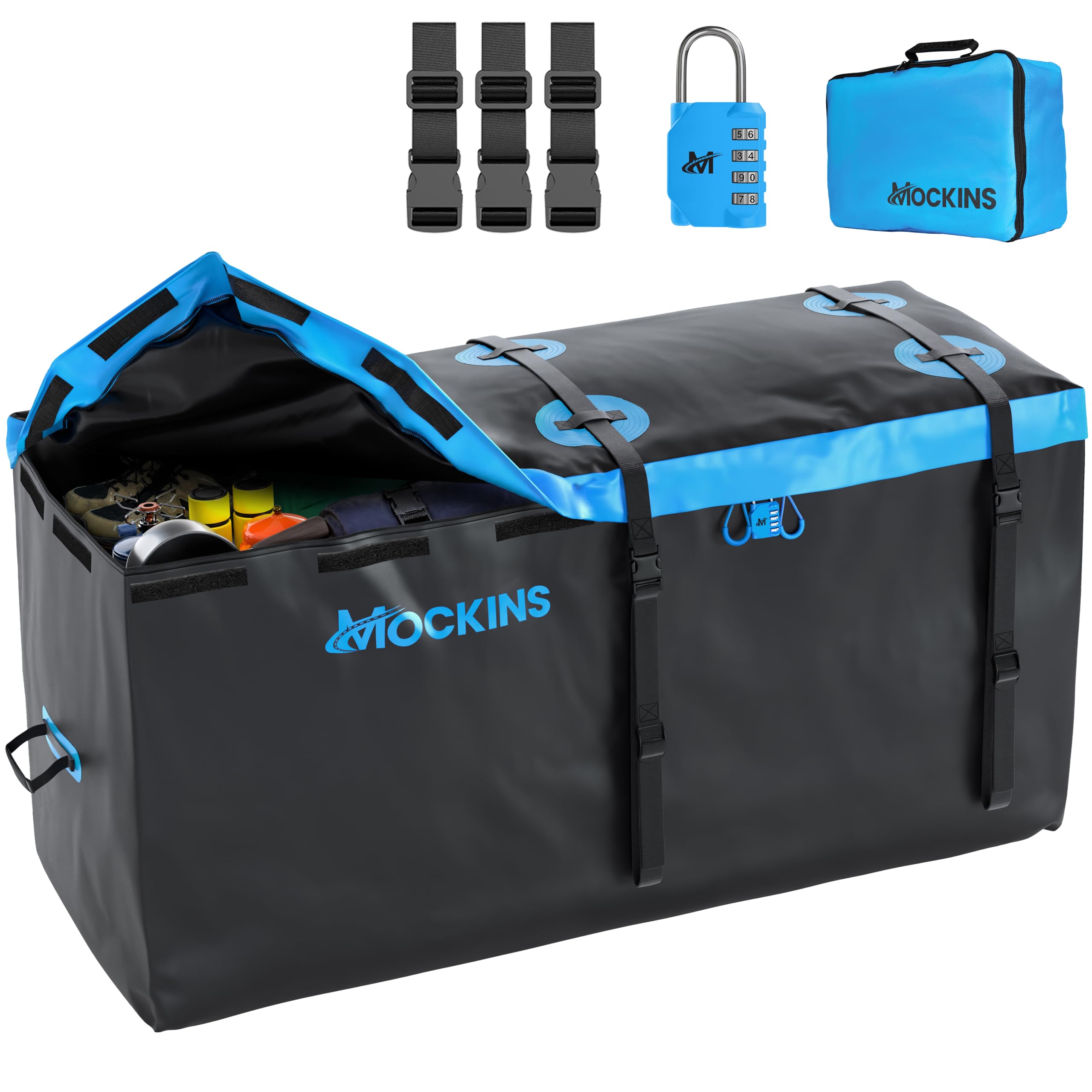 Mockins 25 Cu.Ft. Large Trailer Hitch Cargo Carrier Bag | 60"x24"x31" Soft-Shell Vinyl Cargo Bag for Hitch Carrier | Weatherproof Car Storage Bag | Waterproof Truck Bed Storage Set w/Accessories