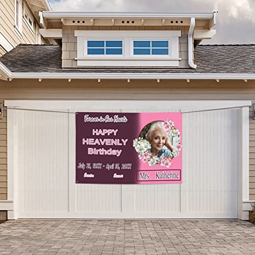 Custom Memorial Banner, Personalized Birthday Banners in Memory with Photo Name Date, Customizable Polyester Happy Heavenly Birthday for Outdoor Porch Patio Decorations 47x71 inches