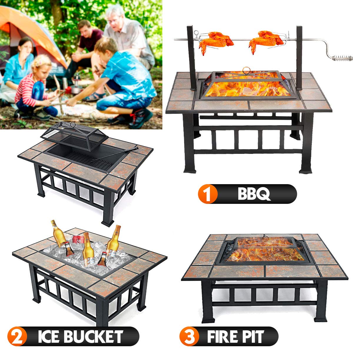 SINGLYFIRE 37 Inch Fire Pit Table with Grill for Outside Large Square Wood Burning firepit Heavy Duty Steel Bonfire Pit Cooking with Spark Screen Log Grate Poker for Backyard Garden Camping