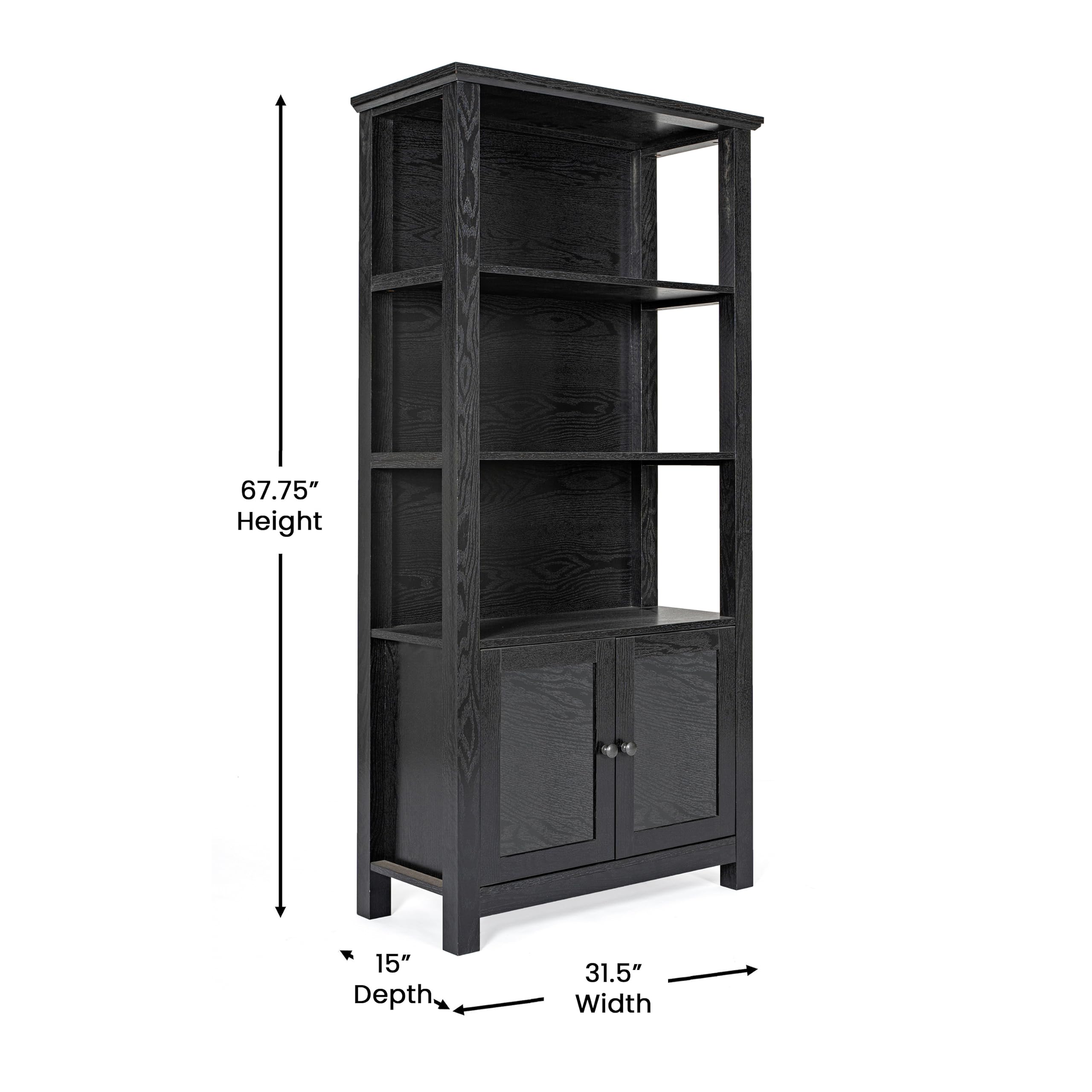 EMMA + OLIVER Dassie Bookcase Storage Cabinet, 2 Glass Doors & 3 Storage Shelves, Wood Bookshelf Cabinet for Living Room, Bedroom, Home Office, 67.75" H, Black