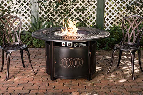 Fire Sense 62262 Dynasty Art Deco Aluminum Convertible Gas Fire Pit Table 55,000 BTU Multi-Functional Outdoor with Fire Bowl Lid, Nylon Weather Cover & Clear Fire Glass - Bronze Finish - Round - 44"