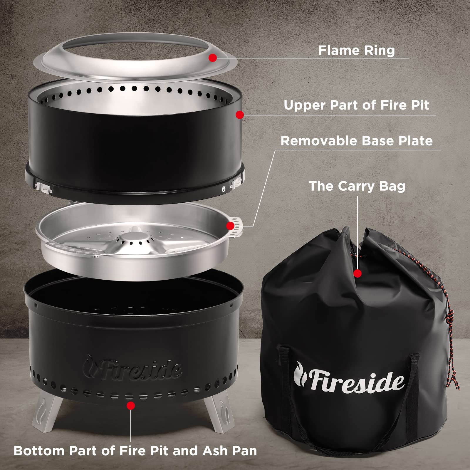 TURBRO 19 Inch Smokeless Fire Pit for Outdoor Wood Burning, Portable Stainless Steel Camping Stove with Stand, Removable Ash Pan, Waterproof Storage Bag, Unique Nested Design, Pluto R19-PG, Black