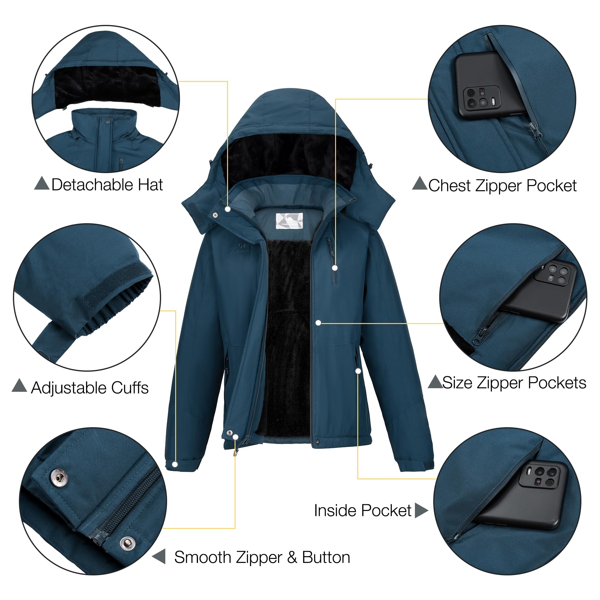 CAMELSPORTS Women's Waterproof Snow Ski Jakcet Fleece Warm Winter Coat Hooded Windproof Insulated Snowboarding Jacket