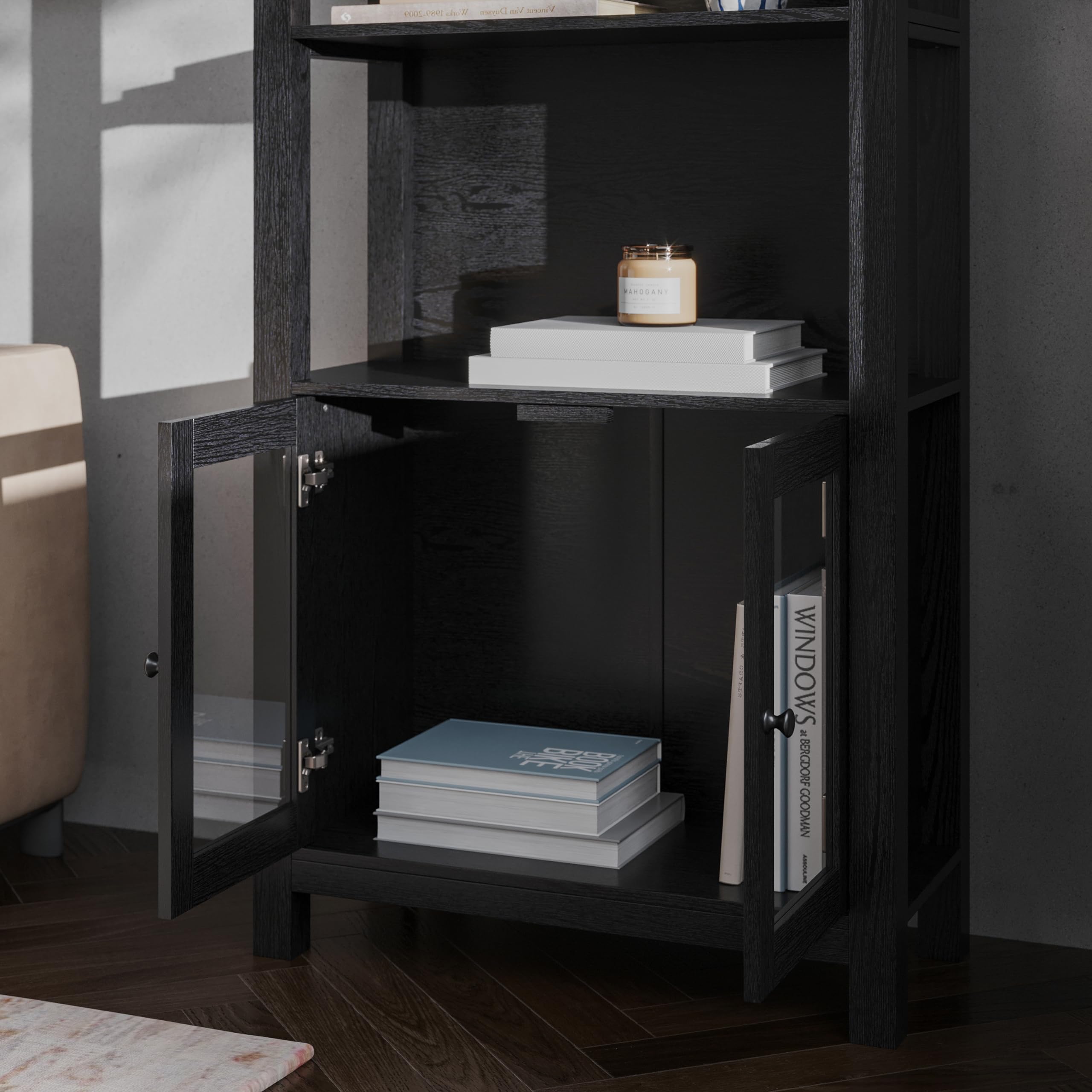 EMMA + OLIVER Dassie Bookcase Storage Cabinet, 2 Glass Doors & 3 Storage Shelves, Wood Bookshelf Cabinet for Living Room, Bedroom, Home Office, 67.75" H, Black