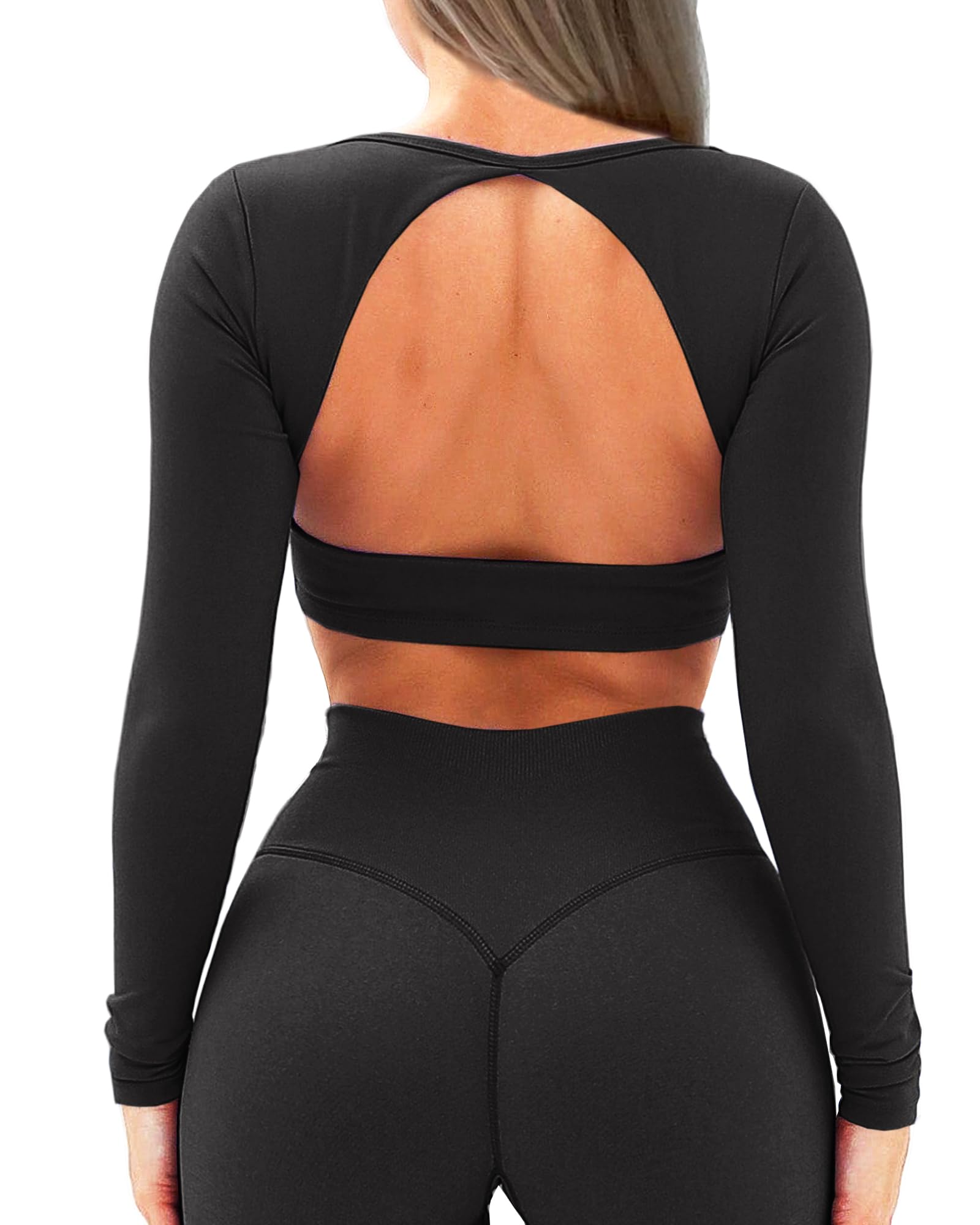 OZICERD Backless Workout Tops for Women Long Sleeve Gym Shirts Open Back Crop Top Cute Going Out Tops Yoga Athletic Tops
