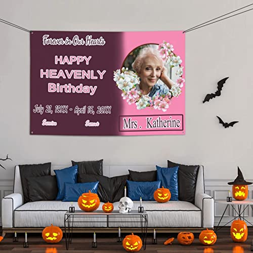 Custom Memorial Banner, Personalized Birthday Banners in Memory with Photo Name Date, Customizable Polyester Happy Heavenly Birthday for Outdoor Porch Patio Decorations 47x71 inches