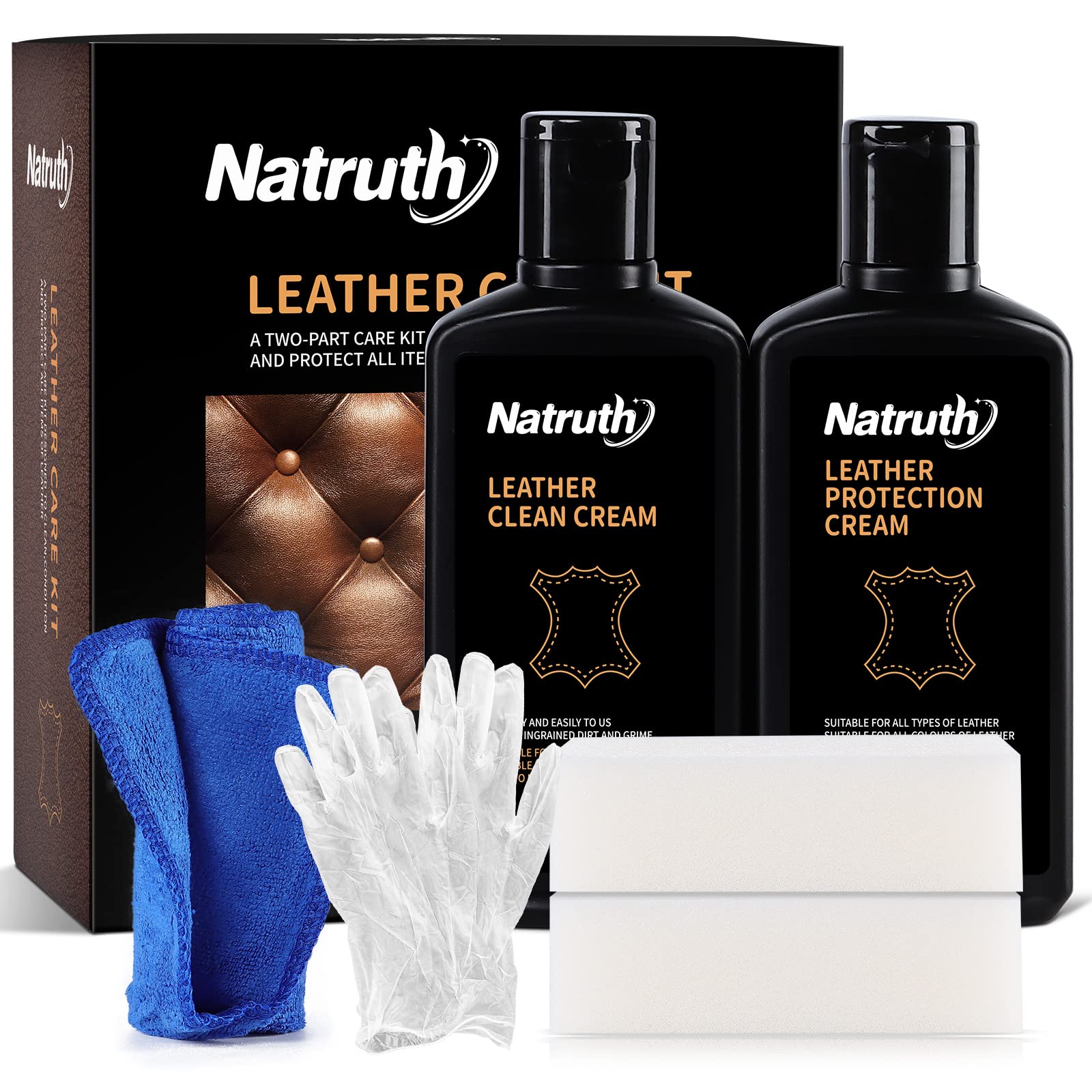 NATRUTH Leather Care Kit with Sponges, Leather Cleaner and Leather Conditioner, Leather Furniture Cleaner for Leather Sofas Car Seats, All Leather Items