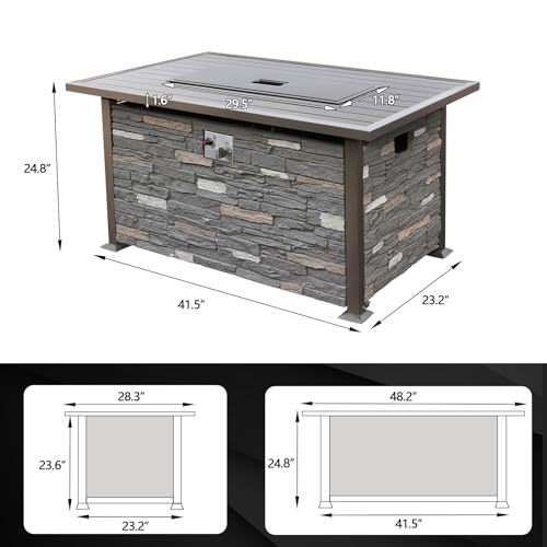 NOBLEMOOD 48 INCH Propane Fire Pit Outdoor Fire Table w/Faux Ledgestone Base, 50,000 BTU Gas Fire Pit Table w/Aluminum Table Top, Waterproof Cover for Outdoor, Patio, Garden, CSA Certification