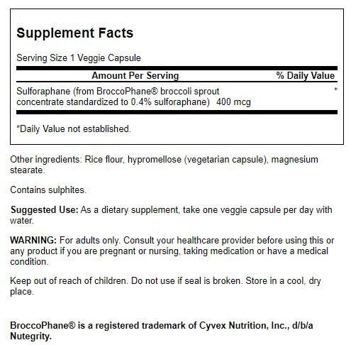 Swanson Sulforaphane - Broccoli Sprout Extract Supporting Cellular, GI Tract, and Liver Health - Natural Supplement Standardized to 0.4% Sulforaphane - (60 Veggie Capsules, 400mcg Each)