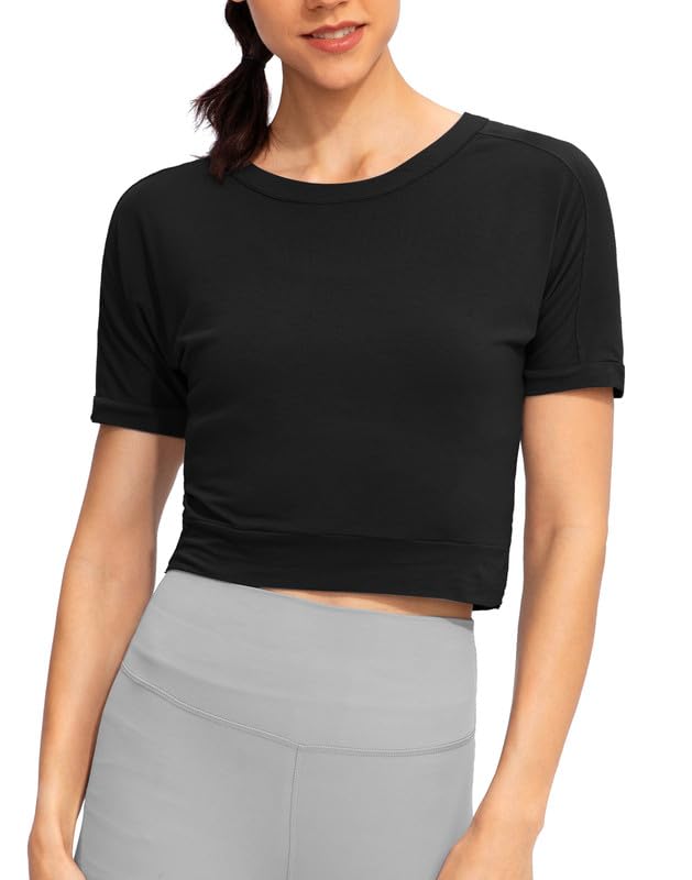 Women's Backless Workout Tops Short Sleeve Gym Shirts Soft Open Back Yoga Athletic Crop Tops for Women (Black,M)