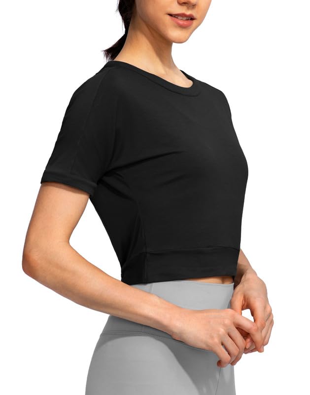 Women's Backless Workout Tops Short Sleeve Gym Shirts Soft Open Back Yoga Athletic Crop Tops for Women (Black,M)