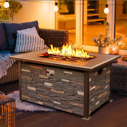 NOBLEMOOD 48 INCH Propane Fire Pit Outdoor Fire Table w/Faux Ledgestone Base, 50,000 BTU Gas Fire Pit Table w/Aluminum Table Top, Waterproof Cover for Outdoor, Patio, Garden, CSA Certification