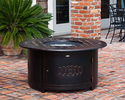 Fire Sense 62262 Dynasty Art Deco Aluminum Convertible Gas Fire Pit Table 55,000 BTU Multi-Functional Outdoor with Fire Bowl Lid, Nylon Weather Cover & Clear Fire Glass - Bronze Finish - Round - 44"