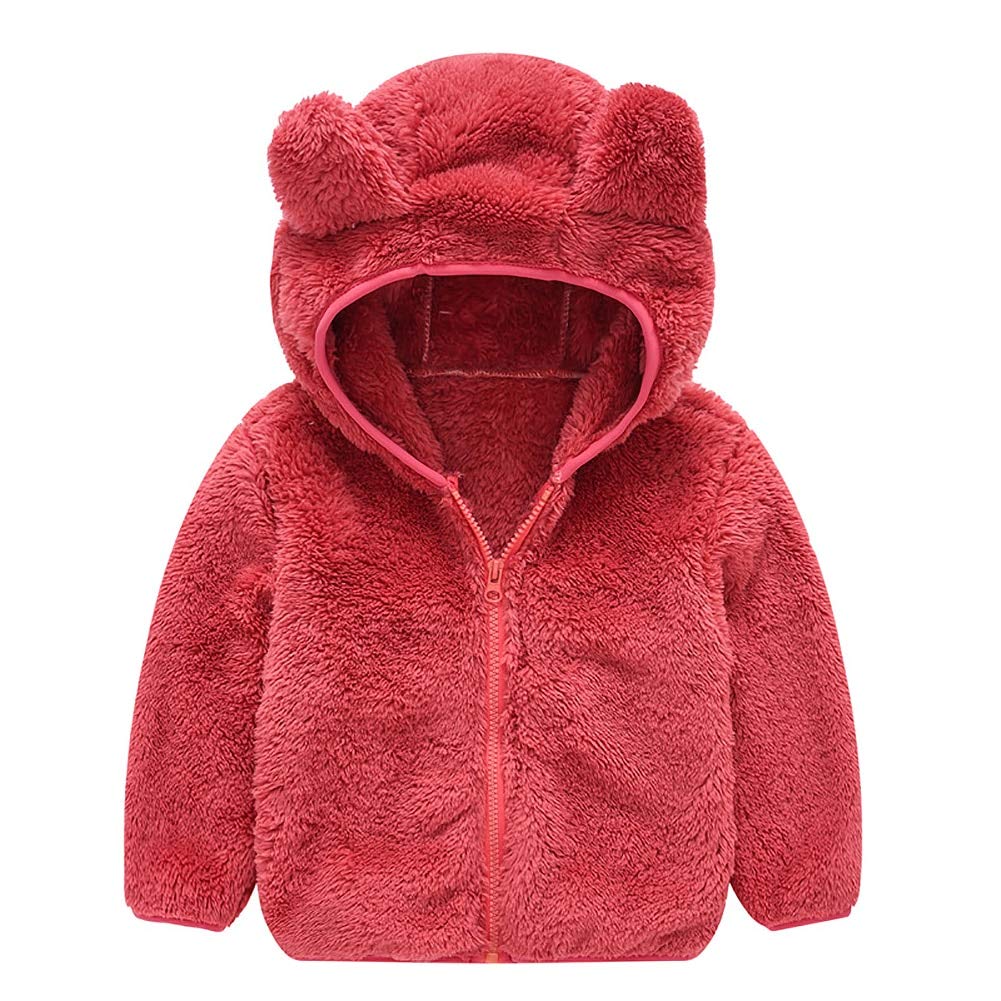 AIWUHE Toddler Boys Girls Hooded Jacket Baby Fleece Hoodie Winter Warm Solid Color Coat Zip-up Bear Ear Sweater Fall Thick Clothes Red 90 1-2T