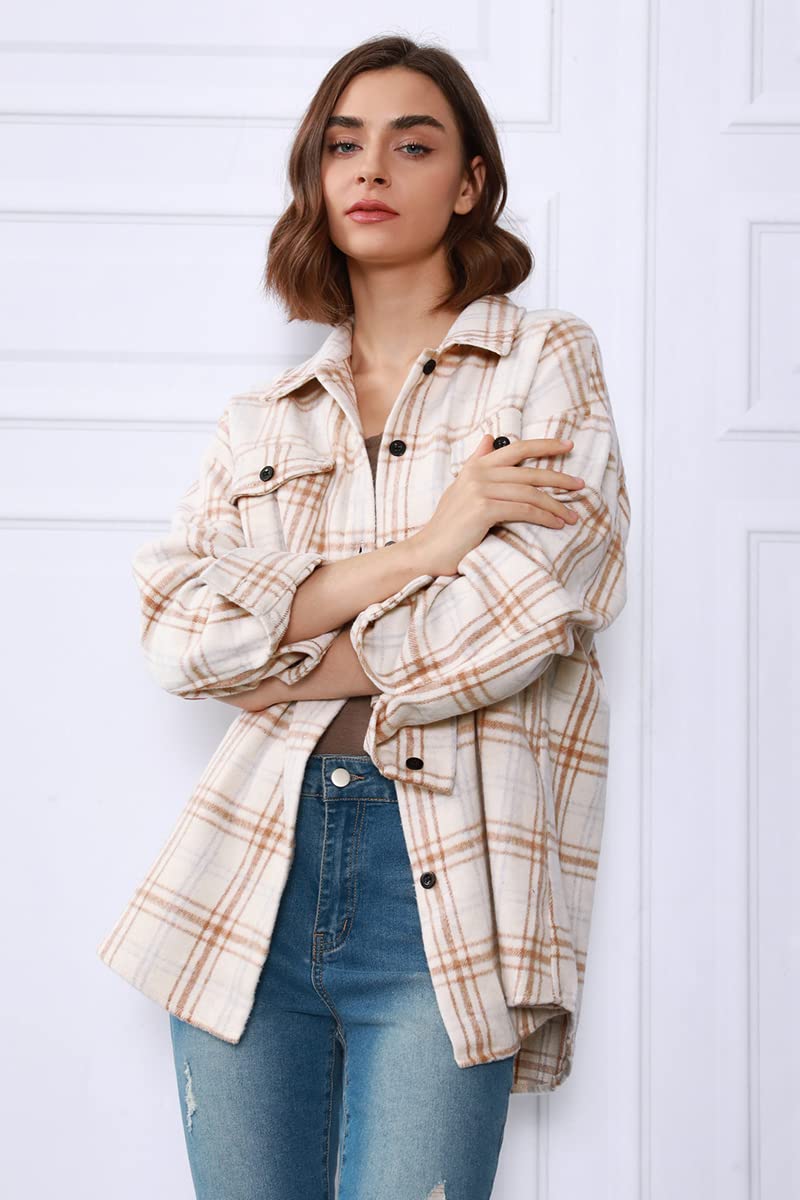 Trendy Queen Womens Flannel Shacket Casual Jacket Plaid Button Down Long Sleeve Shirt Fall Winter Outfits, Khaki, L