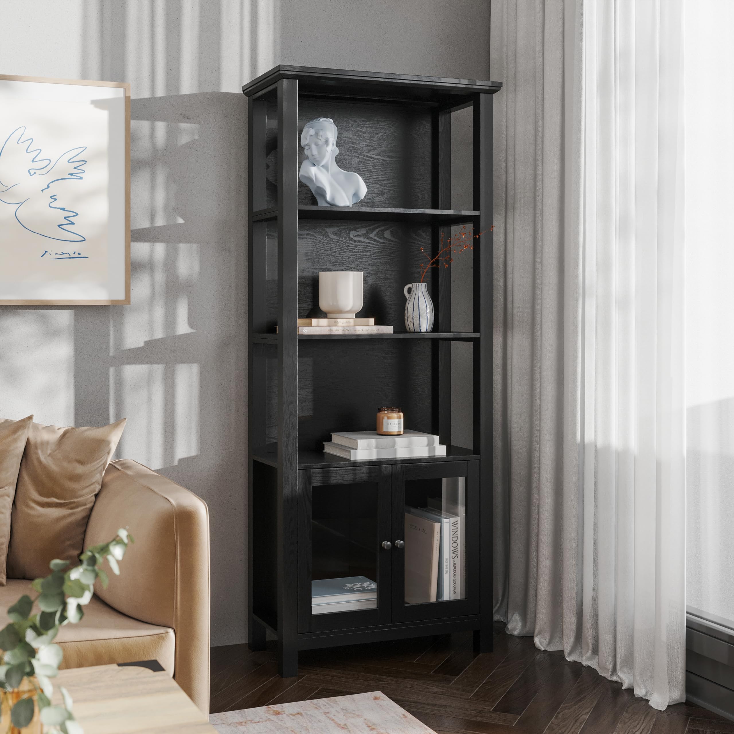 EMMA + OLIVER Dassie Bookcase Storage Cabinet, 2 Glass Doors & 3 Storage Shelves, Wood Bookshelf Cabinet for Living Room, Bedroom, Home Office, 67.75" H, Black