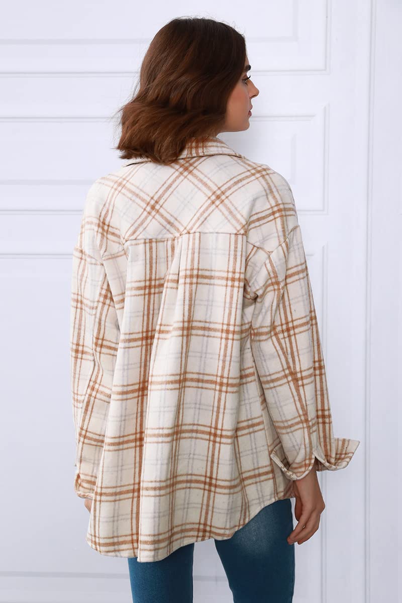 Trendy Queen Womens Flannel Shacket Casual Jacket Plaid Button Down Long Sleeve Shirt Fall Winter Outfits, Khaki, L