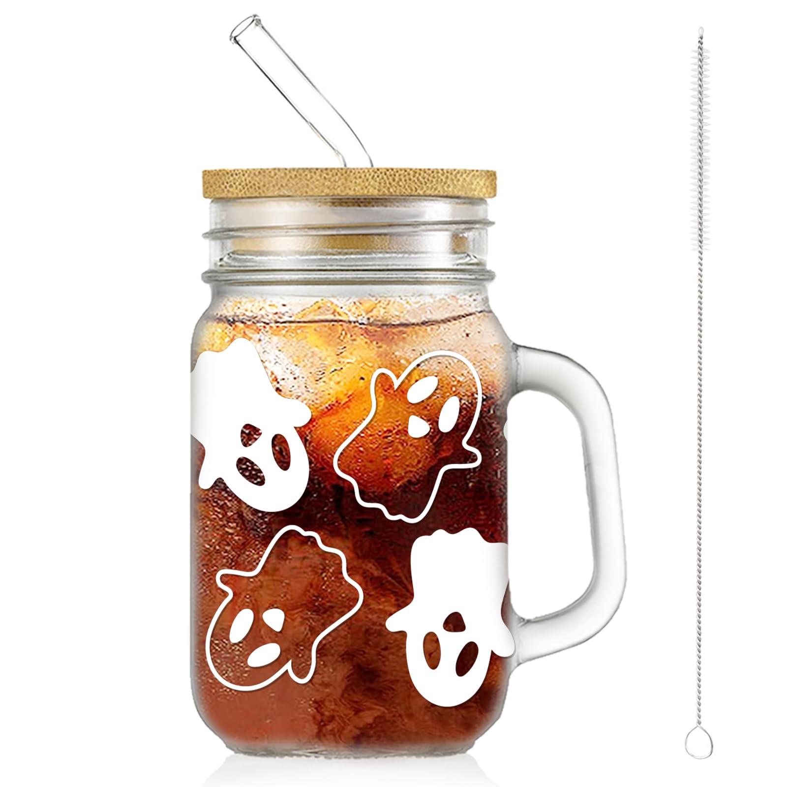 Whaline Halloween Mason Jar Mug with Handle 18oz Cute Ghost Mason Jar Drinking Glasses Halloween Ghost Ice Coffee Cups Glass Mugs Tumbler with Lid and Straw for Iced Coffee Tea Soda Cocktail Gifts