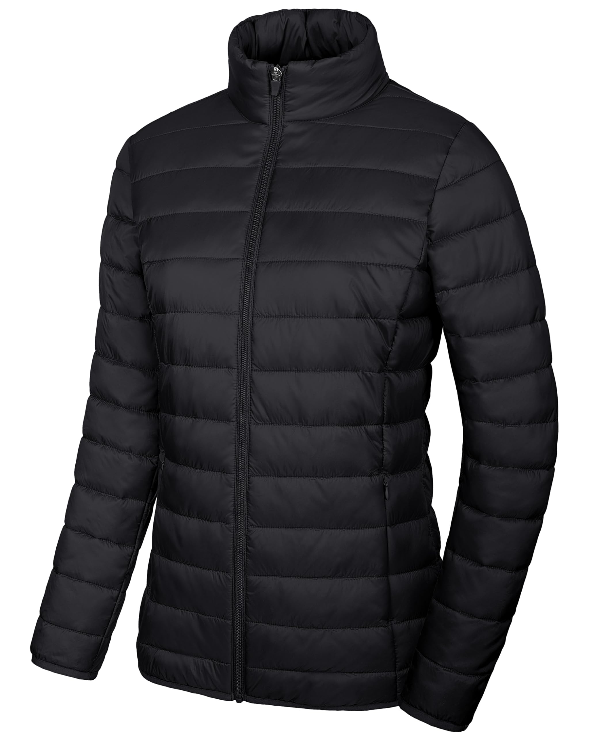MAGCOMSEN Womens Black Jackets Ultra-light Puffer Quilted Winter 4 Pockets Long Sleeve Full-zip Padded Coat, Black XXL