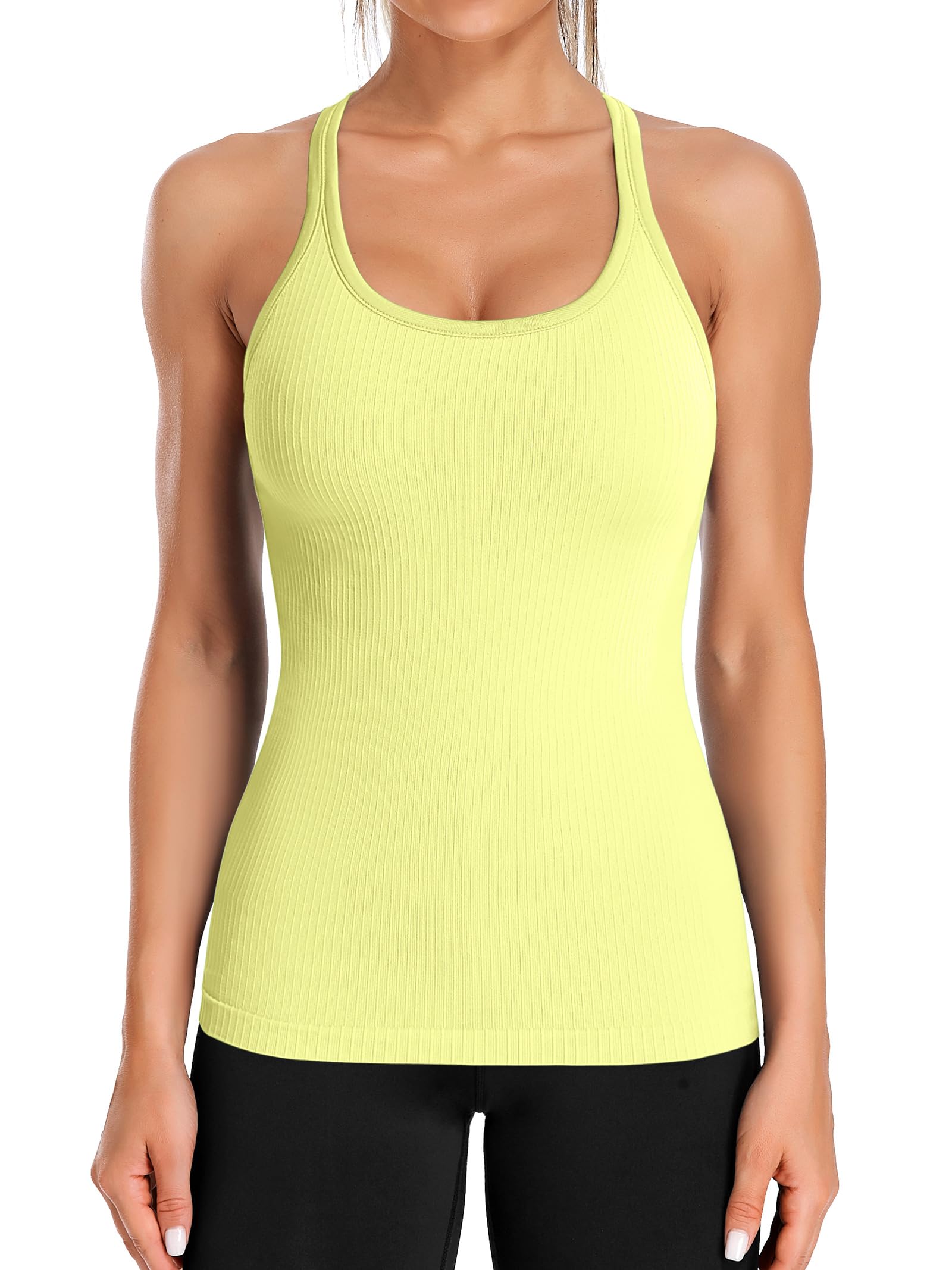ATTRACO Womens Racerback Tank Top Tight Fit Ribbed Workout Sports Bra Tops Light Yellow