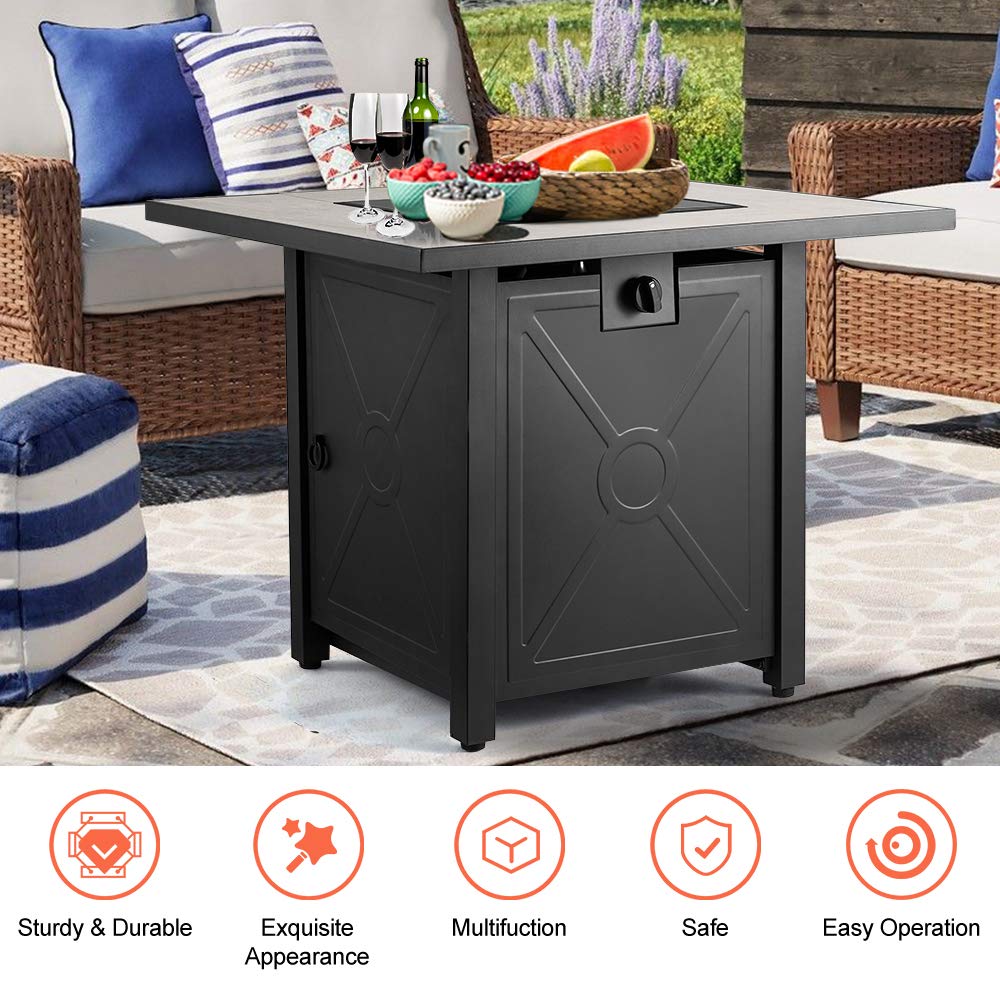 AVAWING Propane Fire Pit Table, 30 inch 50,000 BTU Square Gas Firepits w/Ceramic Tabletop with Waterproof Cover, Glass Wind Guard, Tempered Glass Beads, Protective Cover
