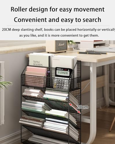 EFLALYHG Desktop Organizer and Accessories, Office Book Trolley with Universal Wheels, Multifunctional Metal Rolling Book Shelf for Classroom, Bookcase for Study Room,Black