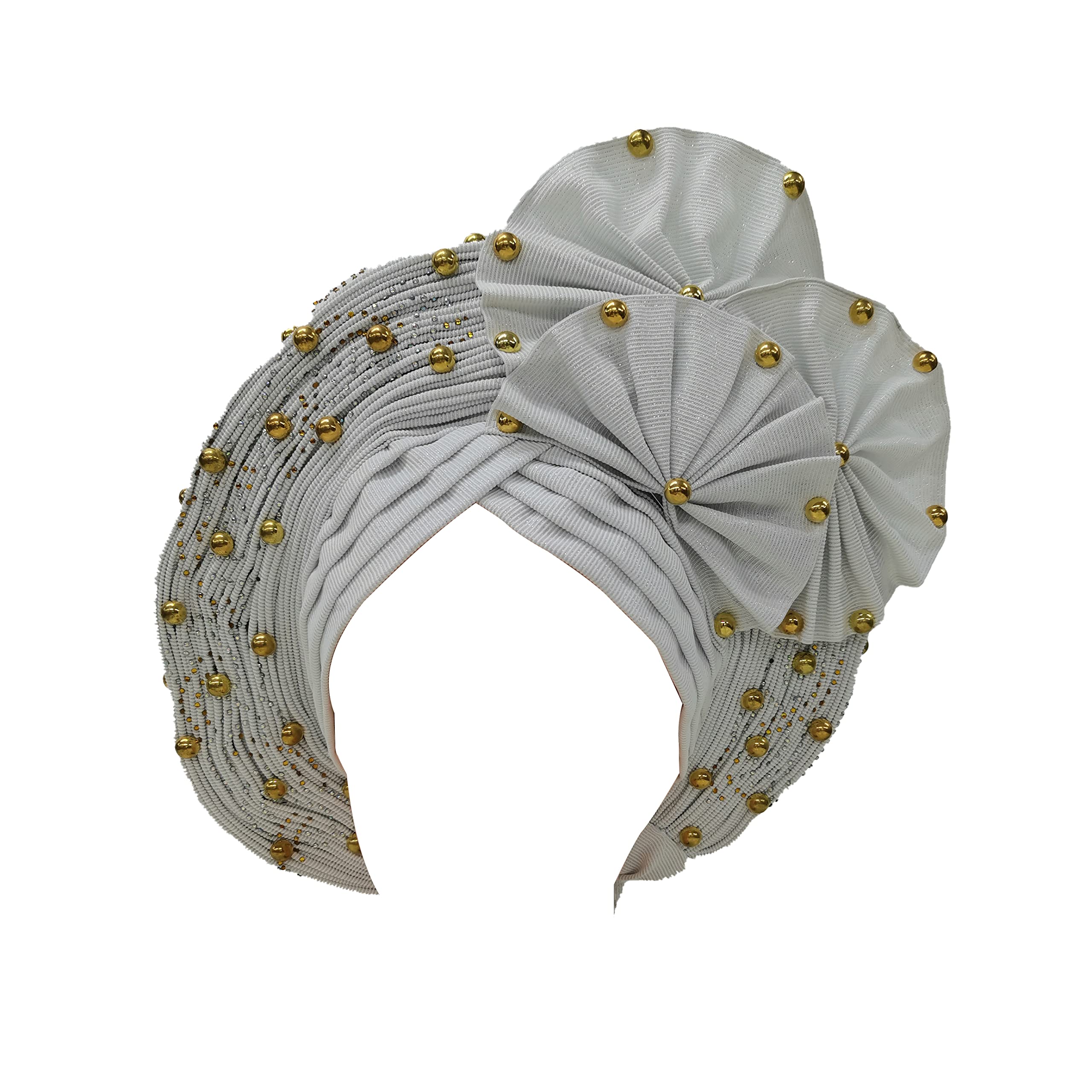 QliHut Nigerian Gele Headties With Beads And Stones African Headtie Women Head Wrap Already Made Auto (White,1)