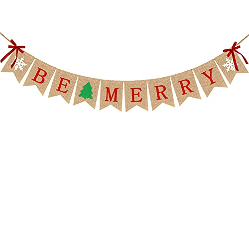 Be Merry Burlap Banner Christmas Decorations | Rustic Christmas Tree Snowflake Sign Burlap Garland | Christmas Decor for Mantle Fireplace Xmas Holiday Party Supplies | Outdoor Indoor Hanging Decor