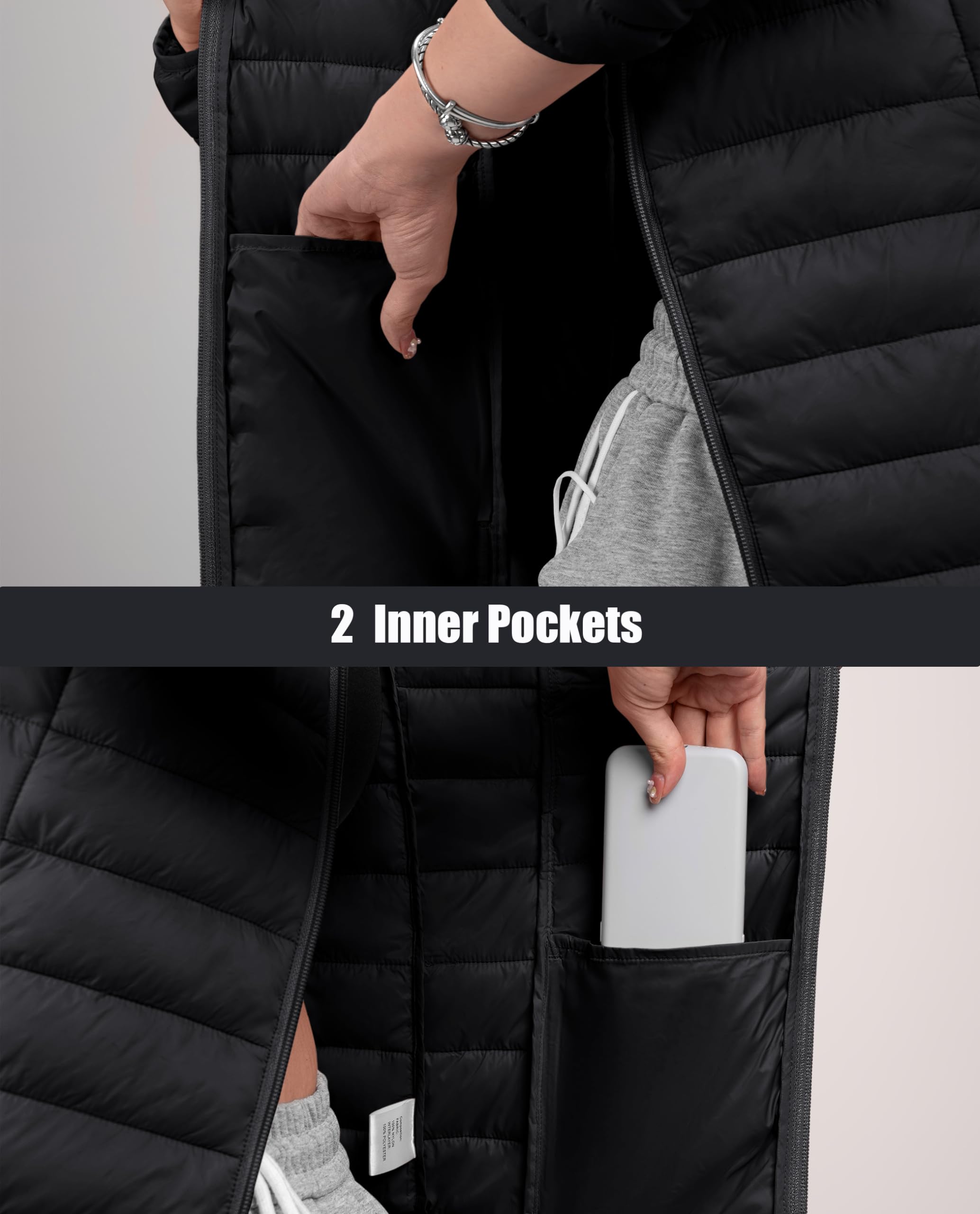 MAGCOMSEN Womens Black Jackets Ultra-light Puffer Quilted Winter 4 Pockets Long Sleeve Full-zip Padded Coat, Black XXL