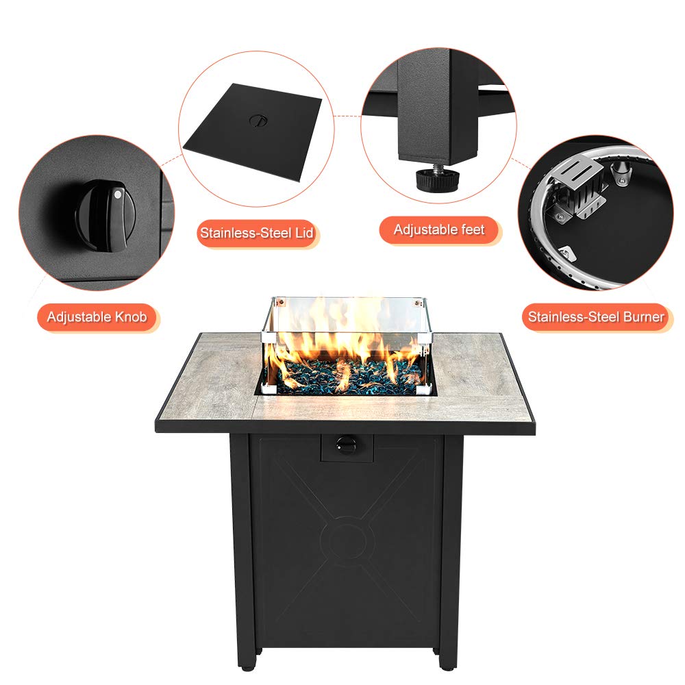 AVAWING Propane Fire Pit Table, 30 inch 50,000 BTU Square Gas Firepits w/Ceramic Tabletop with Waterproof Cover, Glass Wind Guard, Tempered Glass Beads, Protective Cover
