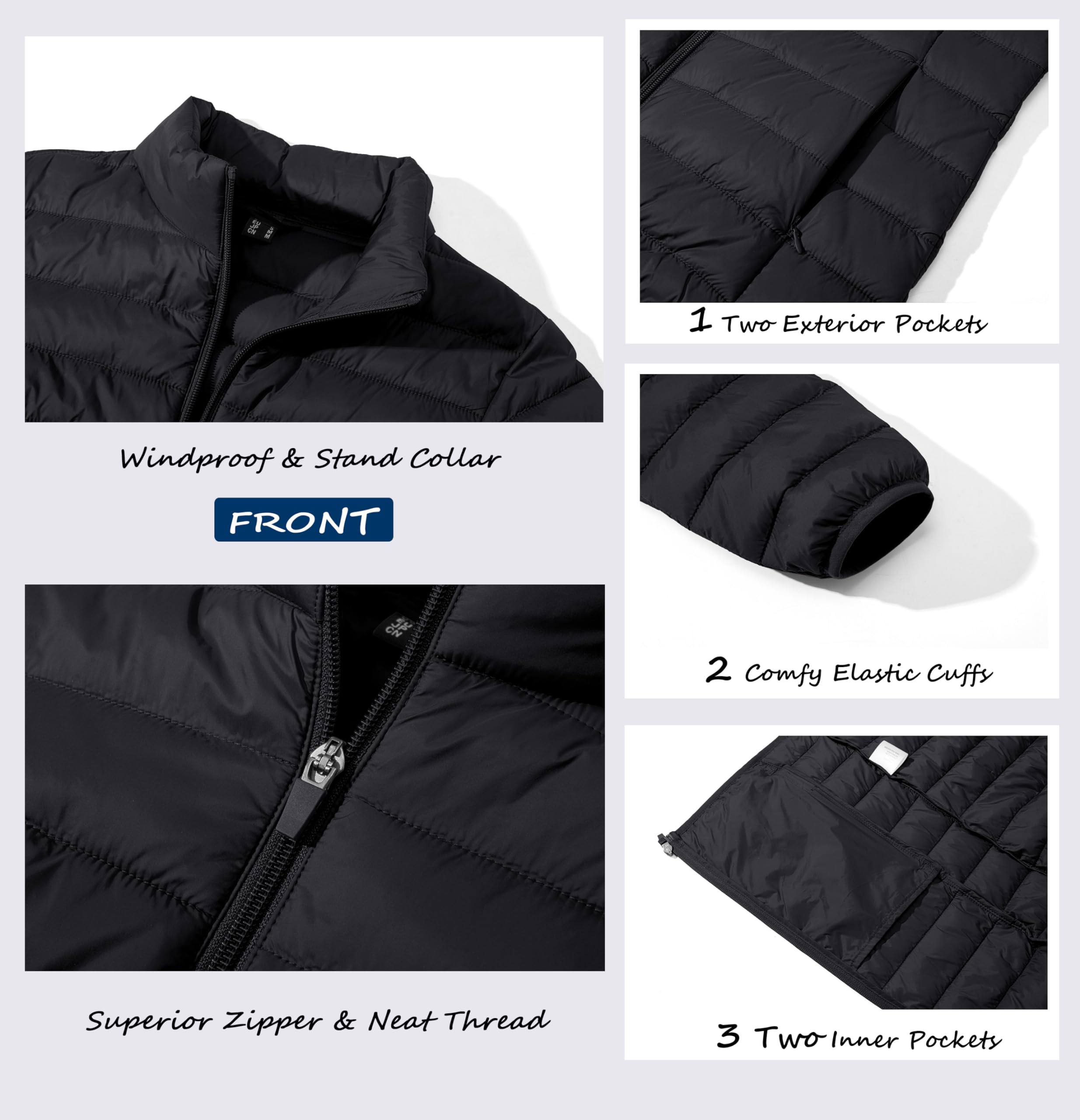 MAGCOMSEN Womens Black Jackets Ultra-light Puffer Quilted Winter 4 Pockets Long Sleeve Full-zip Padded Coat, Black XXL