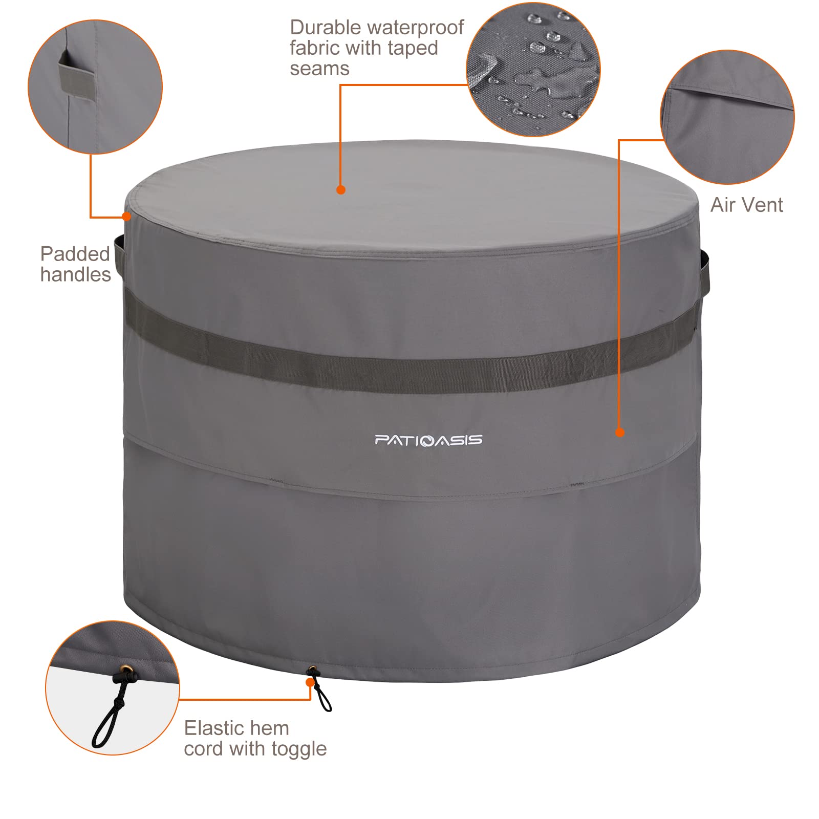 PATIOASIS Grey Round Firepit Table Cover 32''Dia Waterproof Outoor Patio Gas Fire Bowl Cover 600D All Weather Resistant Fire Pit Covers Round