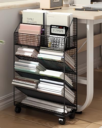 EFLALYHG Desktop Organizer and Accessories, Office Book Trolley with Universal Wheels, Multifunctional Metal Rolling Book Shelf for Classroom, Bookcase for Study Room,Black