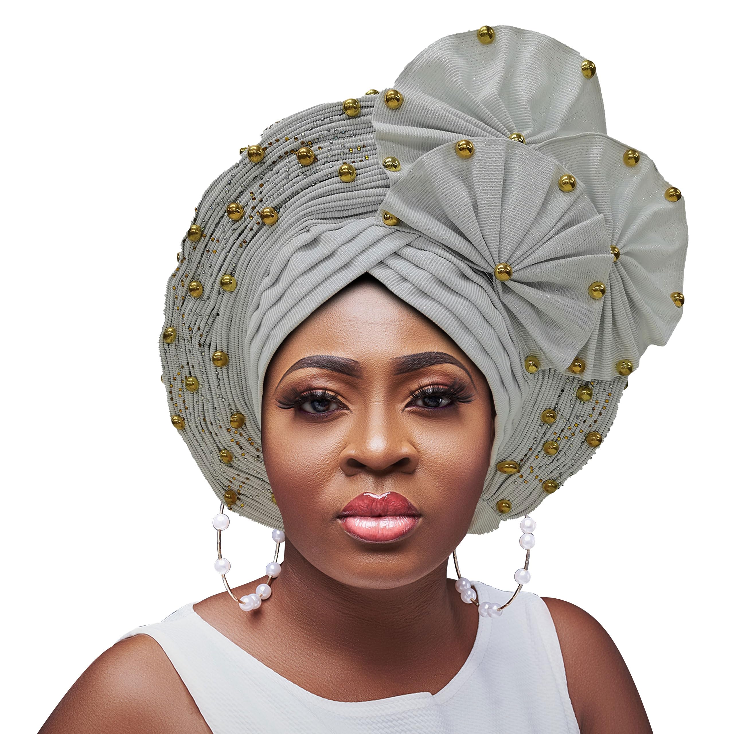 QliHut Nigerian Gele Headties With Beads And Stones African Headtie Women Head Wrap Already Made Auto (White,1)