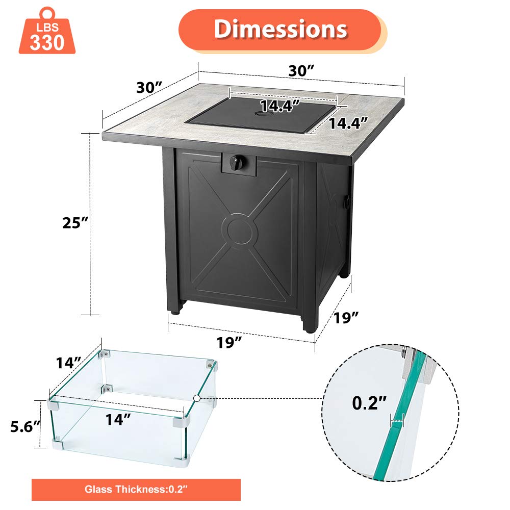 AVAWING Propane Fire Pit Table, 30 inch 50,000 BTU Square Gas Firepits w/Ceramic Tabletop with Waterproof Cover, Glass Wind Guard, Tempered Glass Beads, Protective Cover