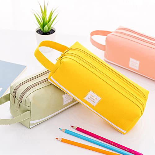Rolin Roly Yellow Pencil Case Lager Capacity Pen Bag Stationery Storage Case Double Zipper Canvas Pen Box with Handle Organizer Makeup Cosmetics Adults Students Business Office