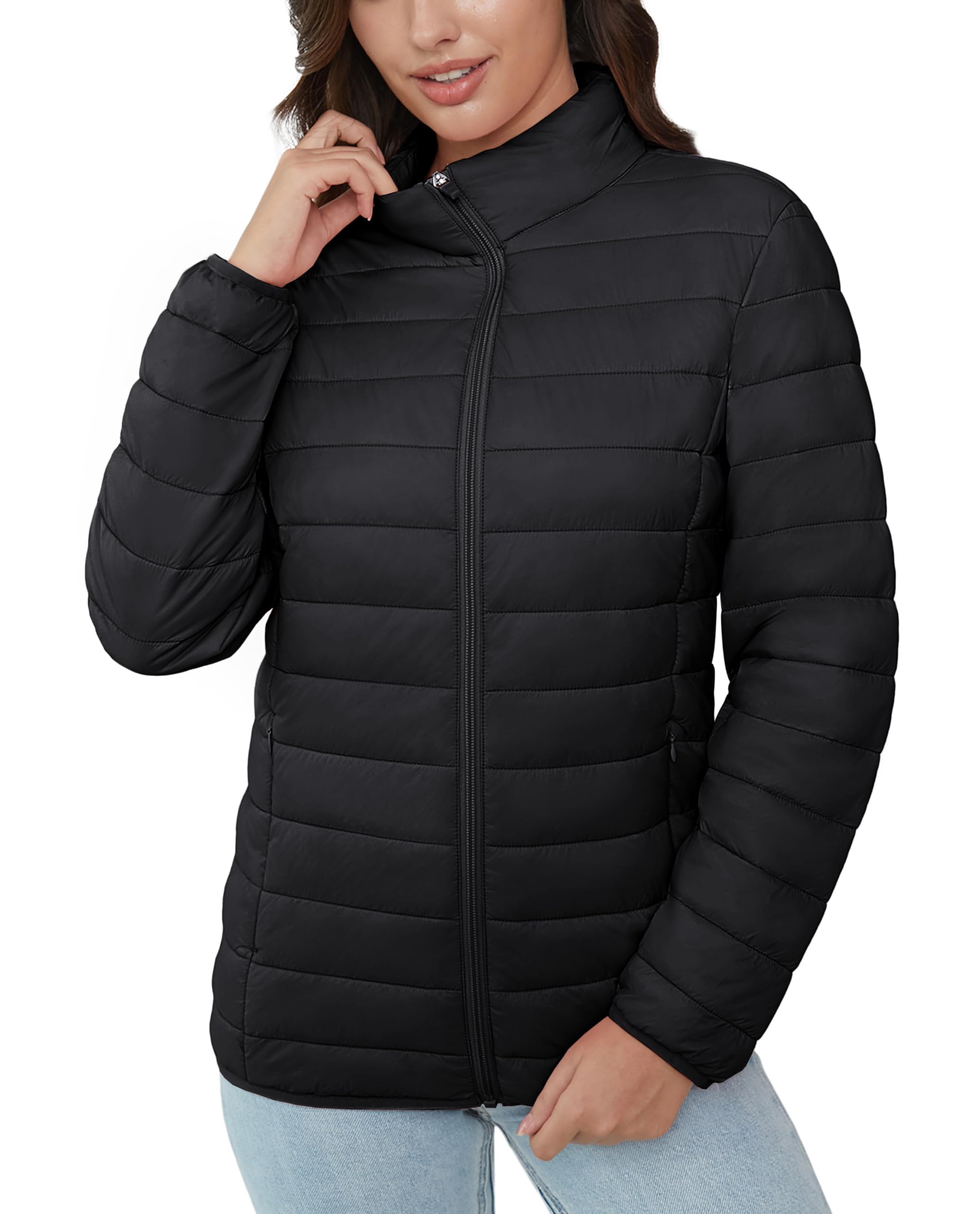 MAGCOMSEN Womens Black Jackets Ultra-light Puffer Quilted Winter 4 Pockets Long Sleeve Full-zip Padded Coat, Black XXL
