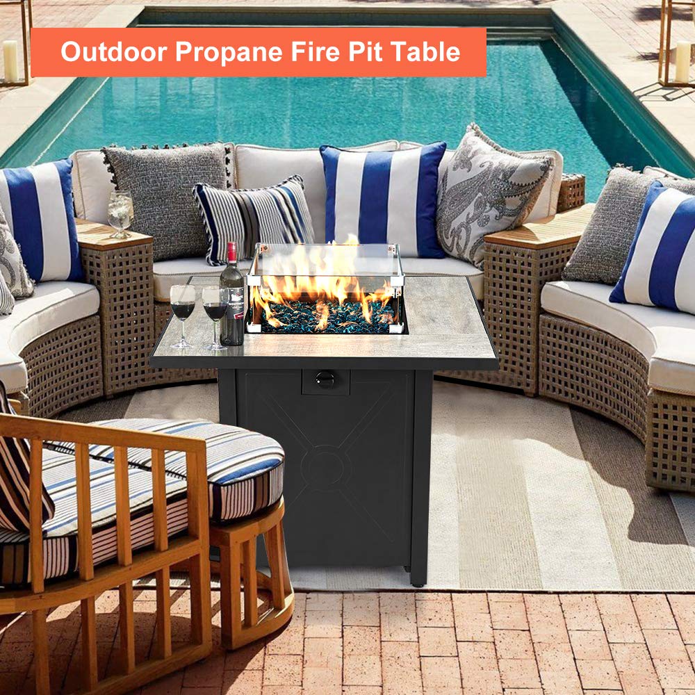 AVAWING Propane Fire Pit Table, 30 inch 50,000 BTU Square Gas Firepits w/Ceramic Tabletop with Waterproof Cover, Glass Wind Guard, Tempered Glass Beads, Protective Cover