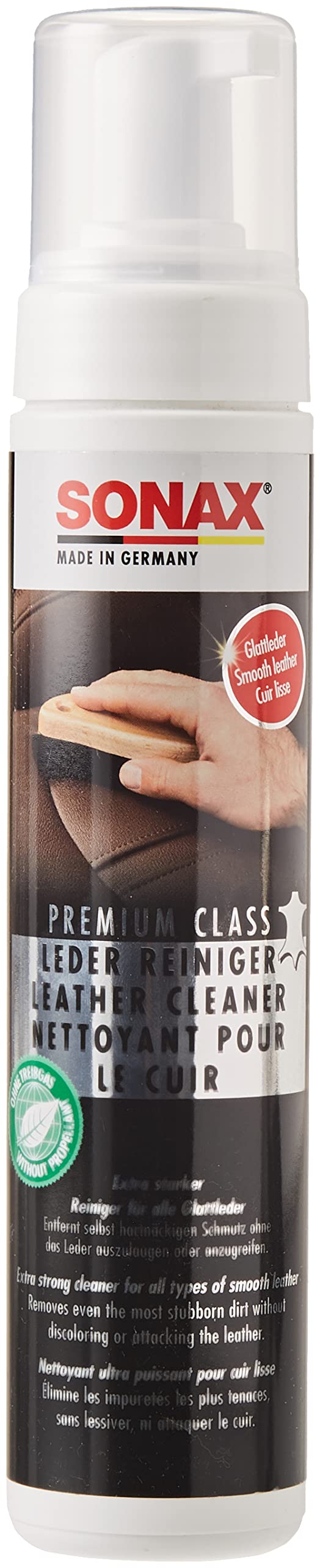 SONAX Premium Class Leather Cleaner | Powerful Foaming Formula for Deep Cleaning Smooth & Perforated Leather | Removes Stubborn Dirt, Stains & Blue Jean Transfer | Safe & Non-Drying | 281141 | 250ml