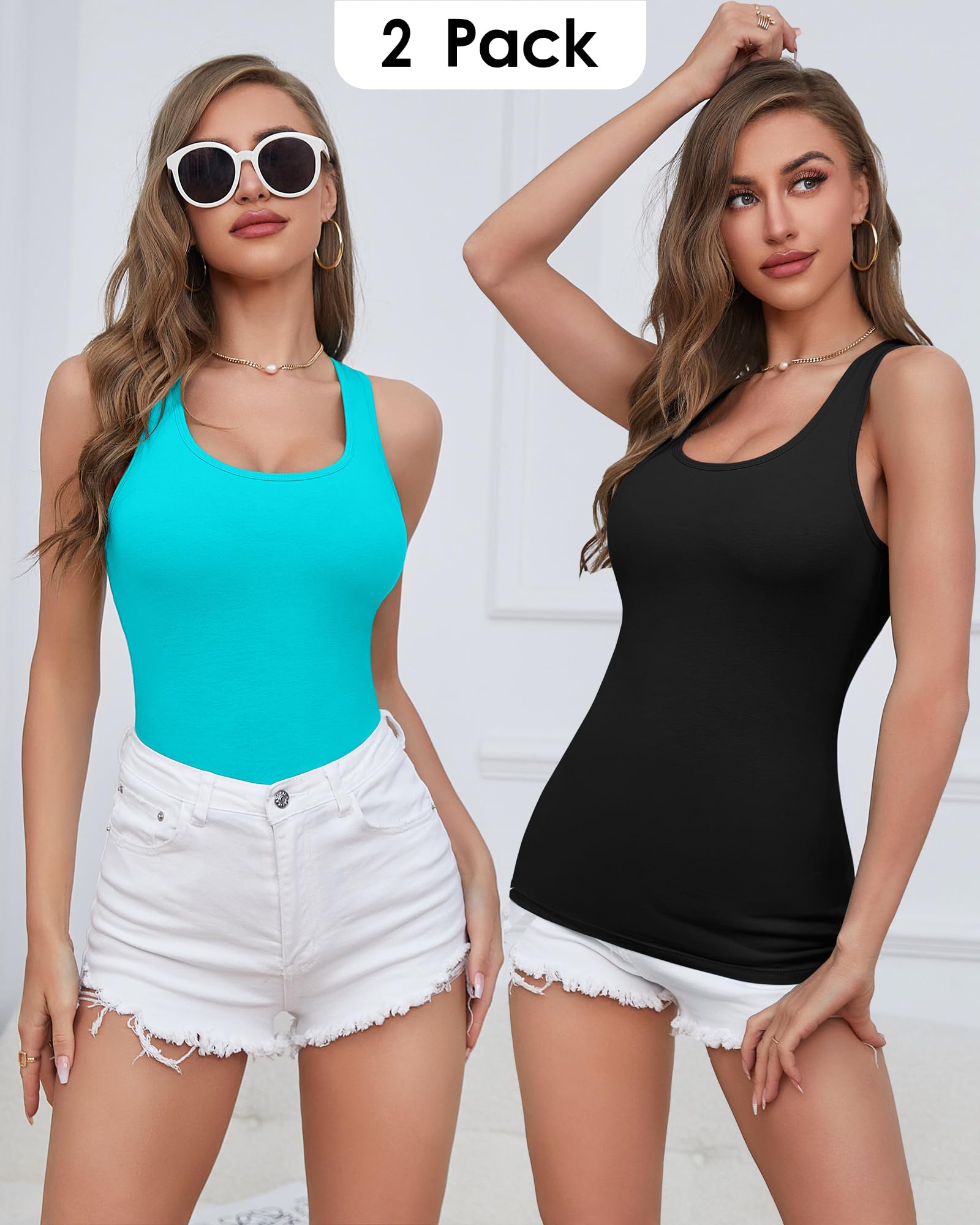 beautyin Tank Tops for Women with Built in Bra Racerback Camisole 2 Pack Aqua L